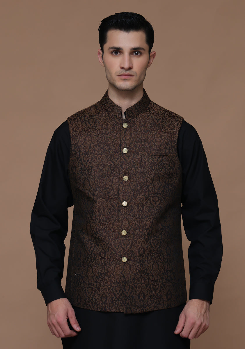 Karandi Jamawar Butter Nut Traditional Waistcoat – Amir Adnan