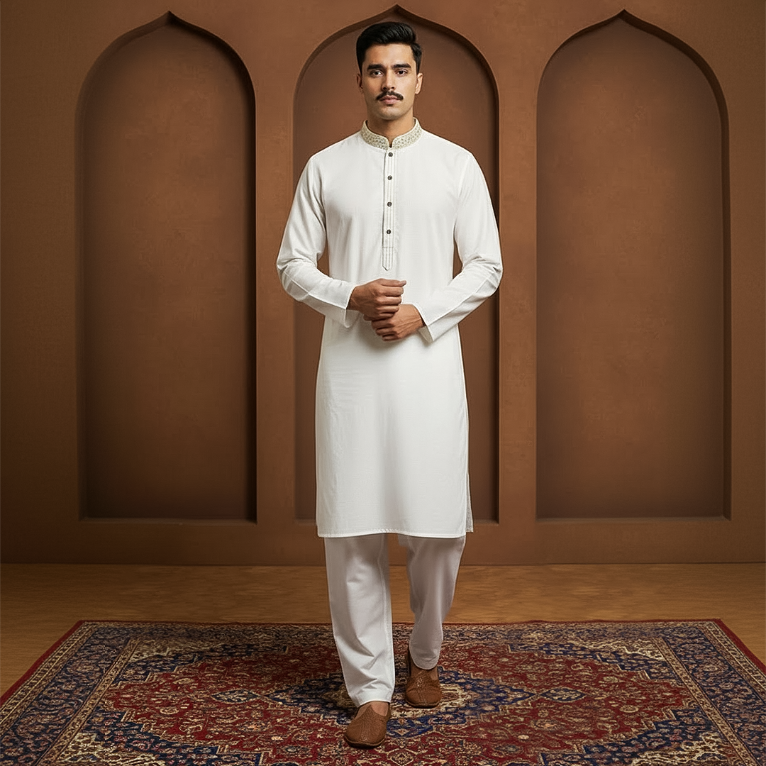 Basic Cotton Silk Off White Slightly Defected Classic Fit Embroidered ...