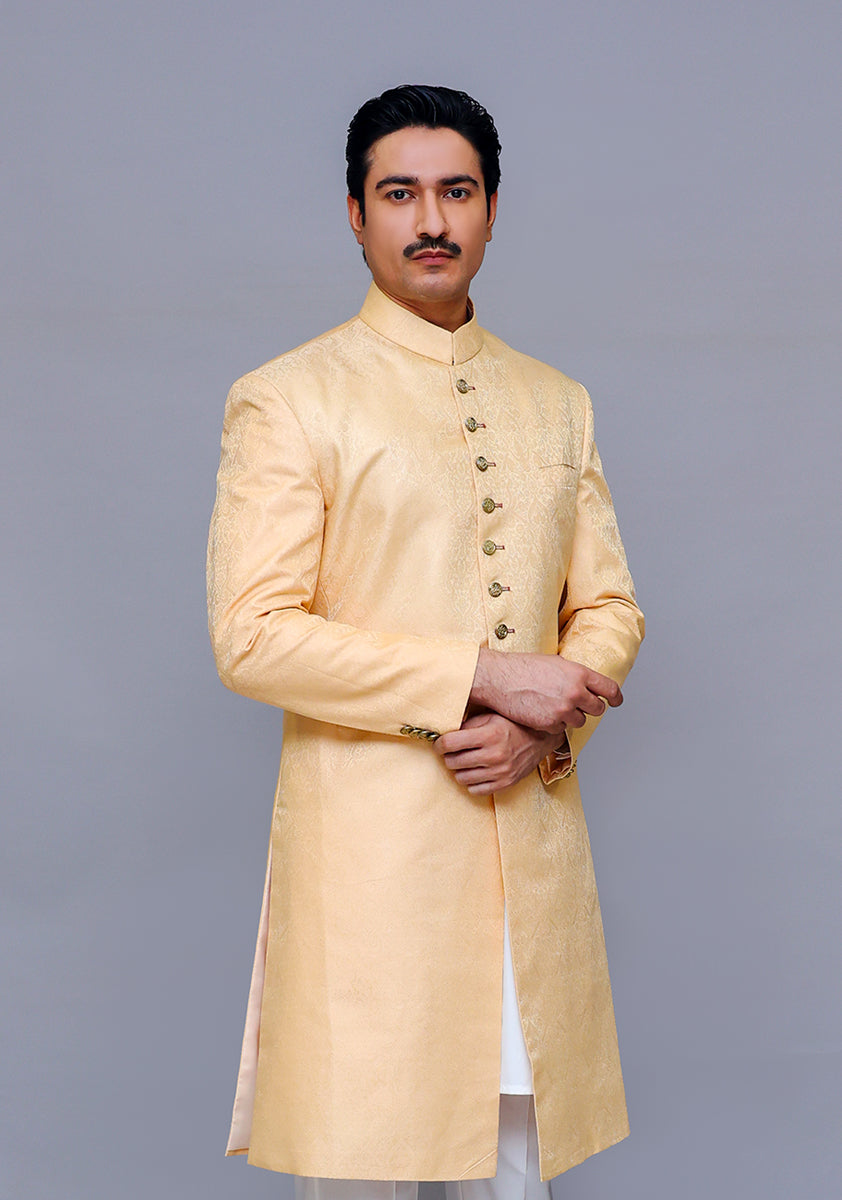 Premium Kambal Jamawar Almond Buff Traditional Sherwani – Amir Adnan