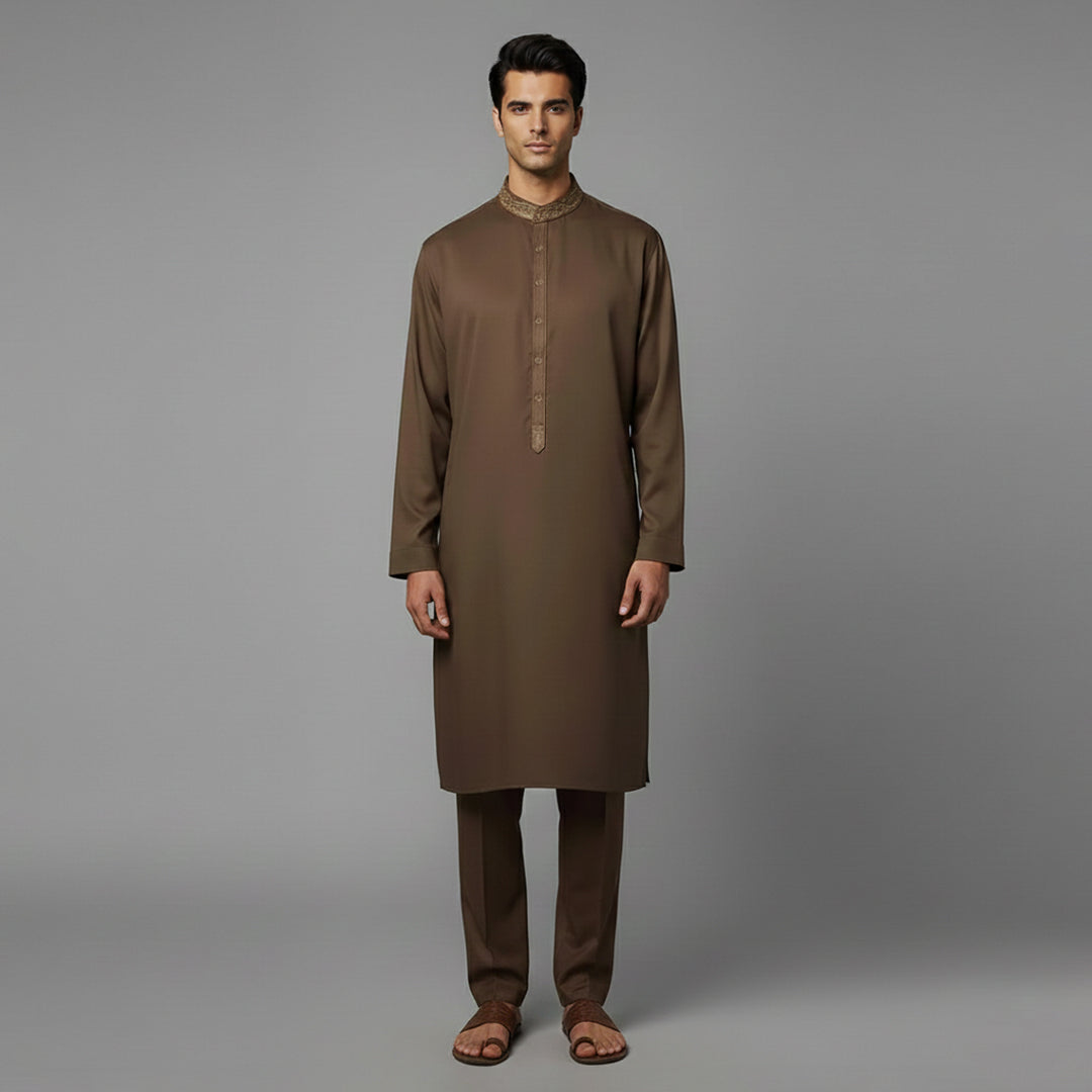 PV Cocoa Brown Slim Fit Embroidered Slightly Defected Suit – Amir Adnan