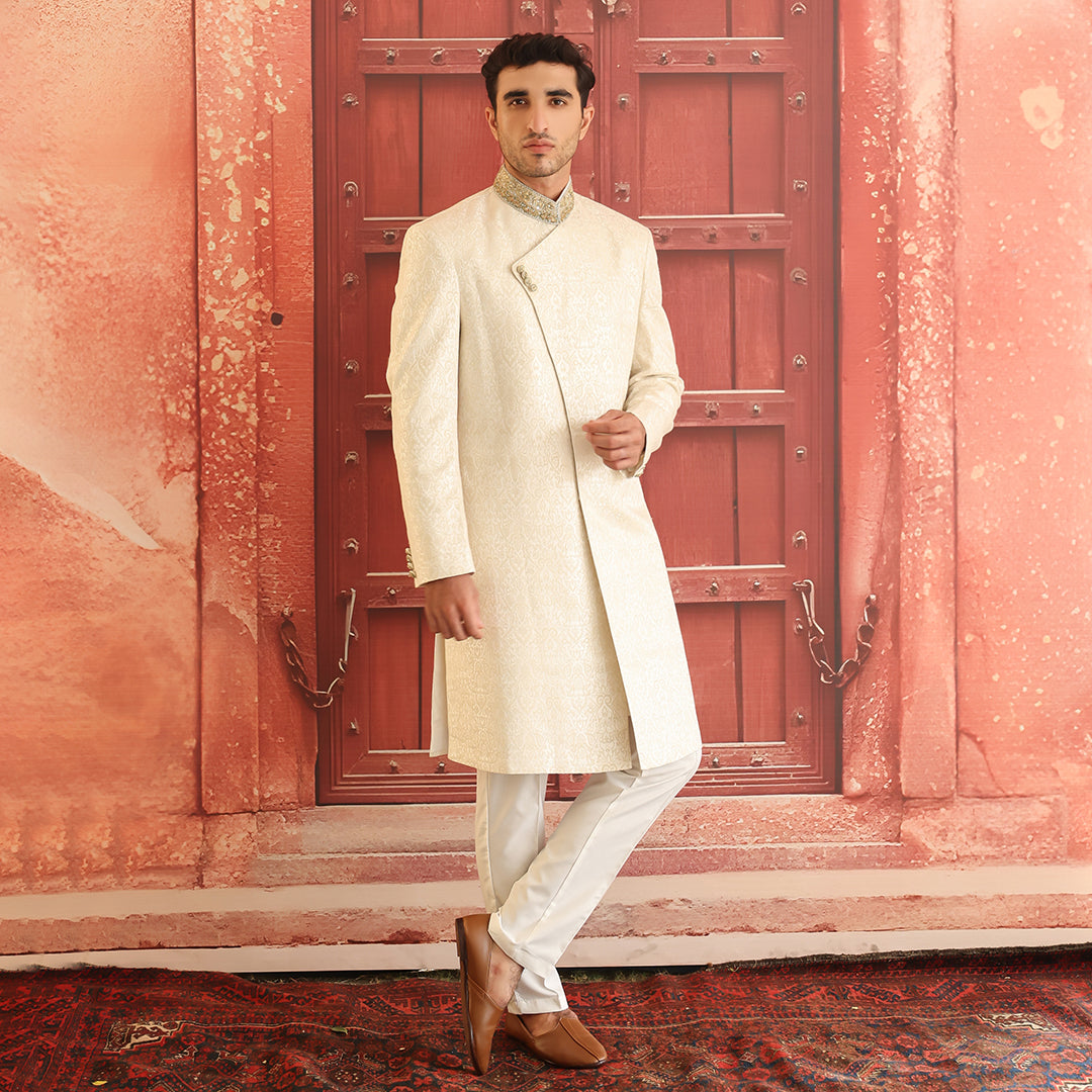 Premium Karandi Jamawar Antique White Embroidered Sherwani – Amir Adnan