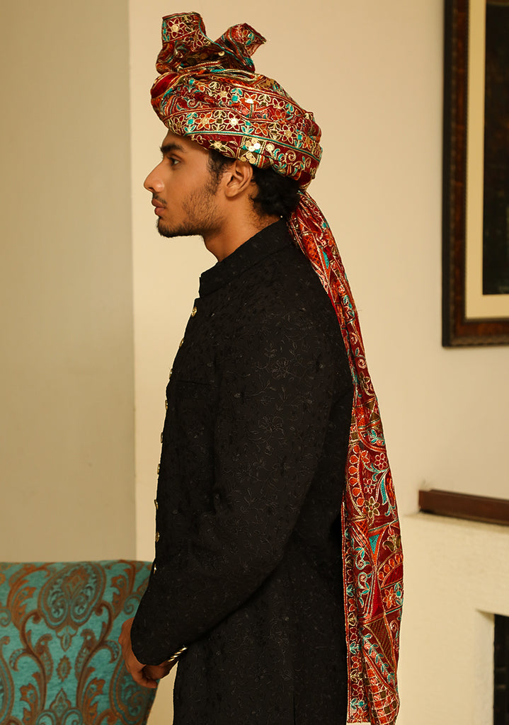 Premium Georgette Black Sherwani with Maroon Turban – Amir Adnan