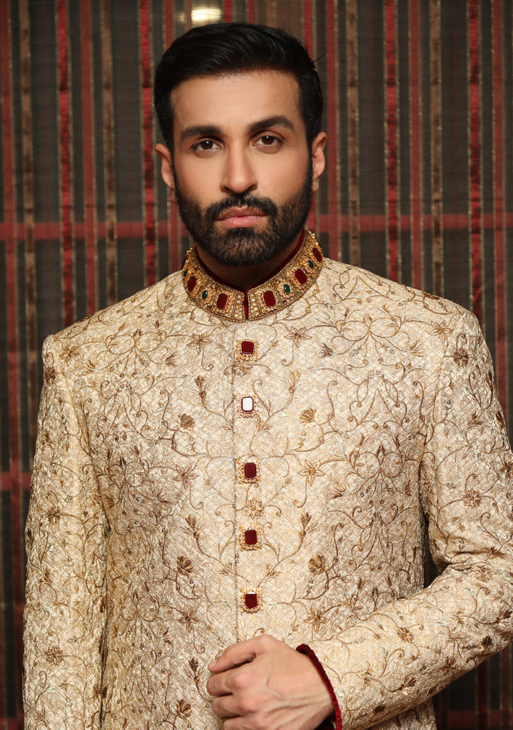 Premium Jamawar Golden Sherwani – Amir Adnan