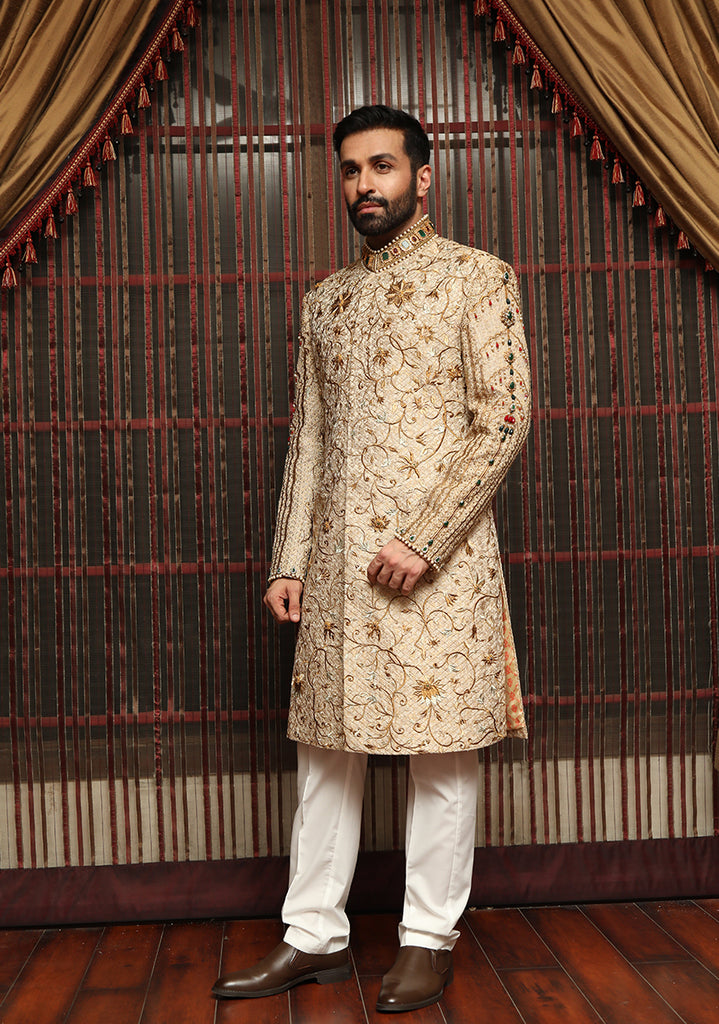 Premium Jamawar Light Gold Sherwani with Jewel and Stone work – Amir Adnan
