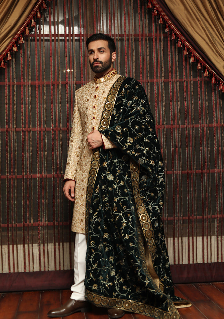 Premium Jamawar Golden Sherwani – Amir Adnan