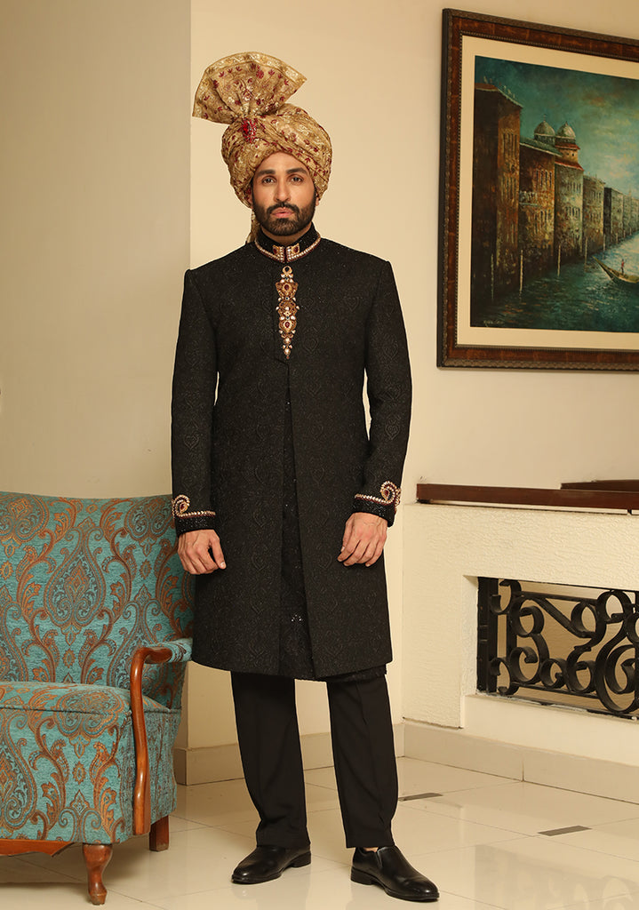 Premium Tilla Textured Black Sherwani – Amir Adnan